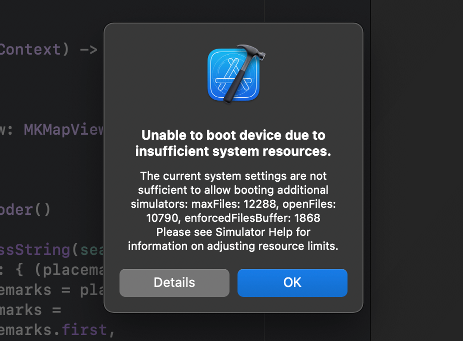 【Xcodeシミュレータ】Unable to boot device due to insufficient system resources ...